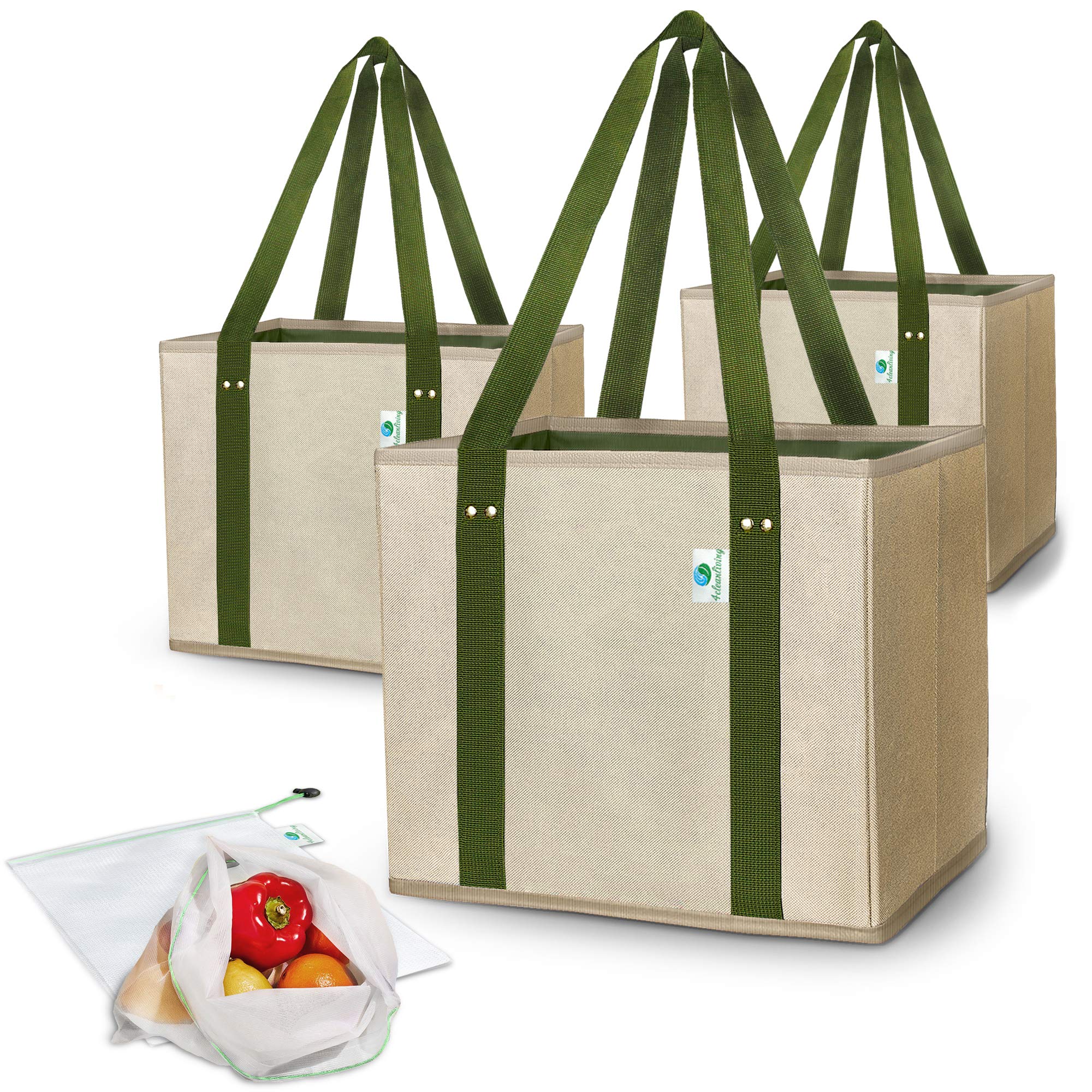 4cleanliving Reusable Shopping Bag Boxes | Set of 3 Reusable Grocery Totes | Premium Foldable Washable Sturdy Heavy Duty | Environment-Friendly | BONUS 2 Mesh Produce Bags