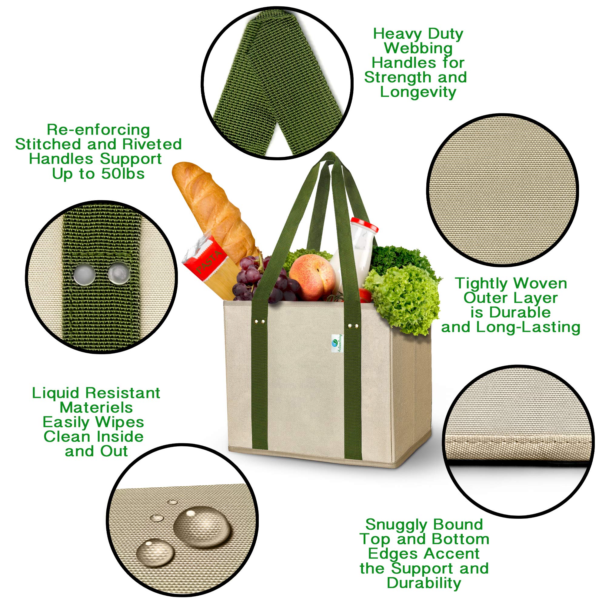 4cleanliving Reusable Shopping Bag Boxes | Set of 3 Reusable Grocery Totes | Premium Foldable Washable Sturdy Heavy Duty | Environment-Friendly | BONUS 2 Mesh Produce Bags