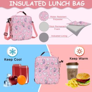 RAVUO Lunch Bag for Girls, Insulated Lunch Box for Kids Cute Unicorn Reusable Lunch Tote with Detachable Shoulder Strap and Buckle Handle