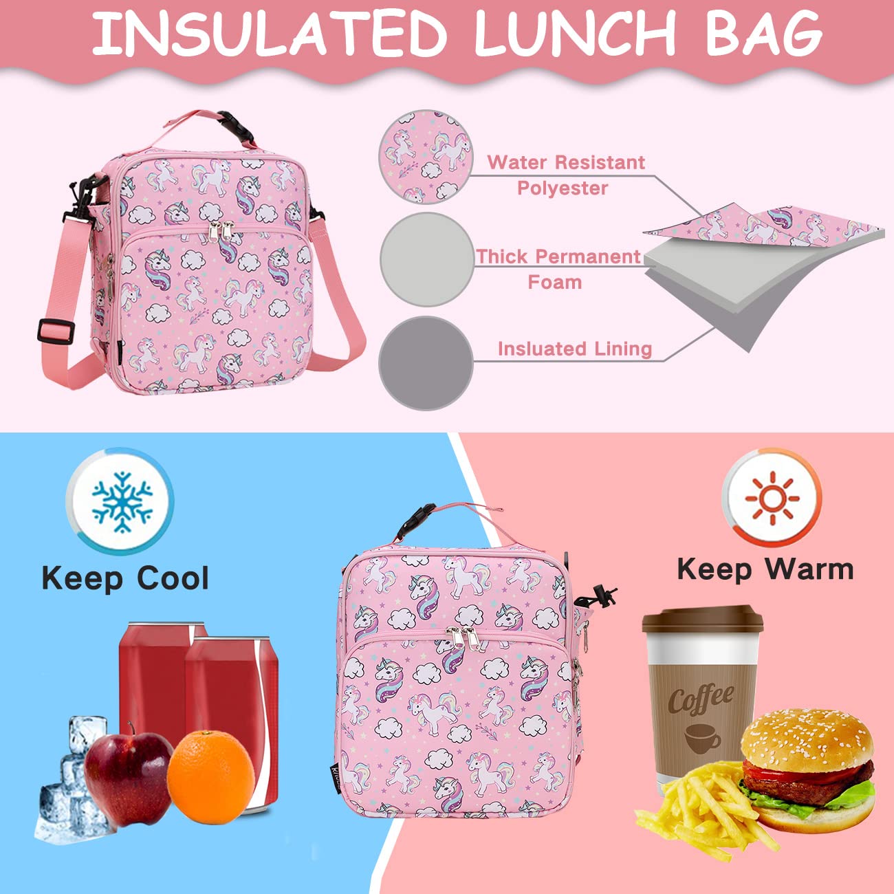 RAVUO Lunch Bag for Girls, Insulated Lunch Box for Kids Cute Unicorn Reusable Lunch Tote with Detachable Shoulder Strap and Buckle Handle