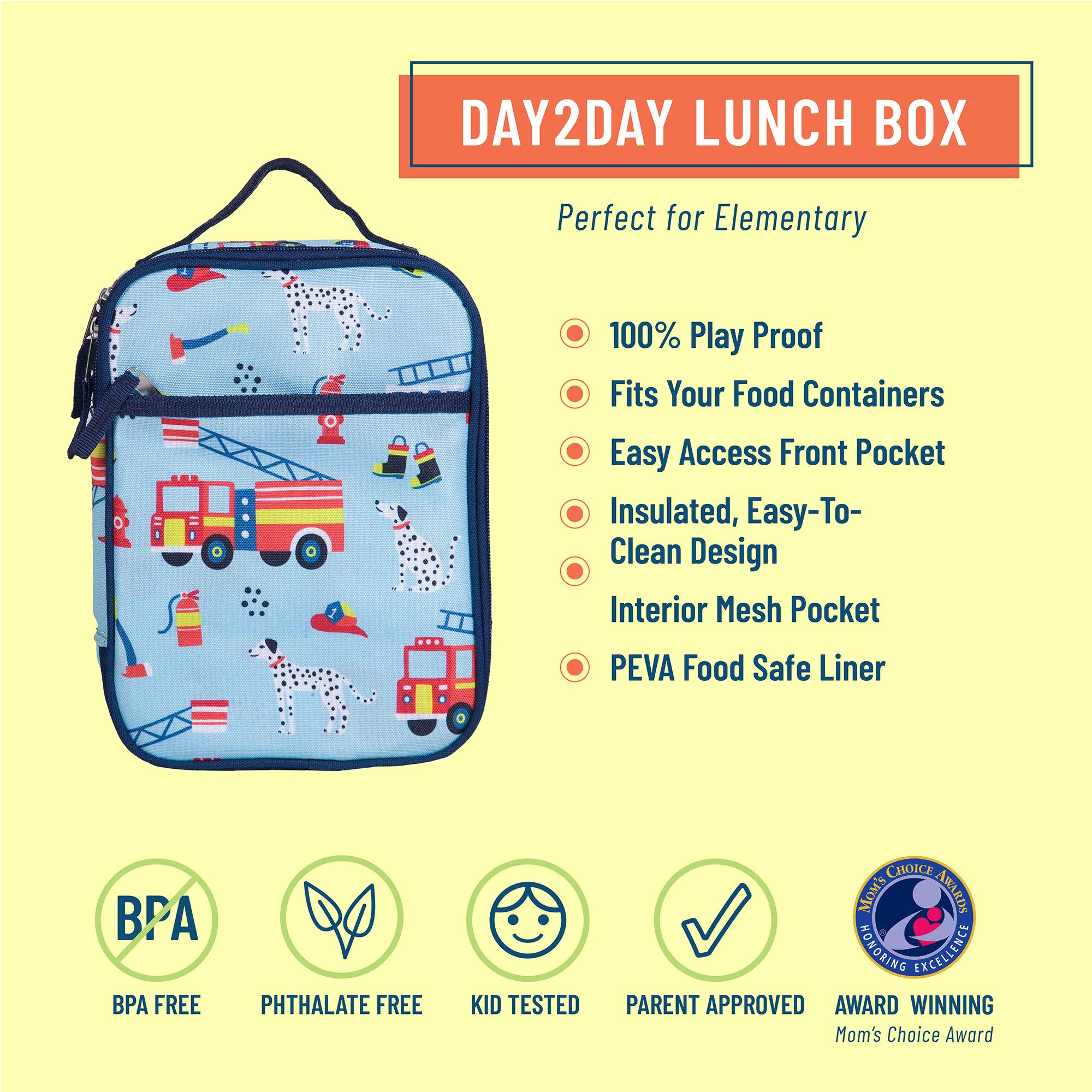 Wildkin Day2Day Kids Lunch Box Bag for Boys & Girls, Perfect for Elementary Lunch Box for Kids, Easy Access Front Pocket, Ideal for Packing Hot or Cold Snacks for School & Travel (Firefighters)