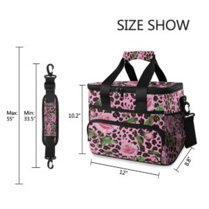 MNSRUU Cooler Bag Roses On Pink Leopard Cooler Bag Insulated Lunch Totes Picnic Bag Leakproof Beach Cooler Lunch Box Container