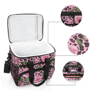 MNSRUU Cooler Bag Roses On Pink Leopard Cooler Bag Insulated Lunch Totes Picnic Bag Leakproof Beach Cooler Lunch Box Container