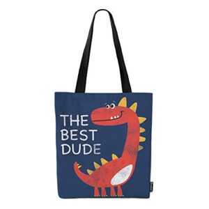 moslion dinosaur tote bag cute cartoon wild safari animal red baby dinosaur canvas bag large shoulder handbag reusable shopping bags for women 15x16 inch navy blue