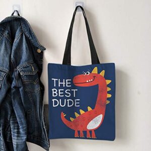 Moslion Dinosaur Tote Bag Cute Cartoon Wild Safari Animal Red Baby Dinosaur Canvas Bag Large Shoulder Handbag Reusable Shopping Bags for Women 15x16 Inch Navy Blue