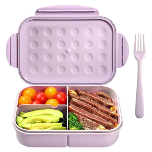 Jeopace Bento Box Adult Lunch Box,Bento Box for Adult,Lunch Containers for Adults with 3 Compartmrnts,Kids Bento Lunch Box Leakproof Microwave Safe(Flatware Included,Purple)