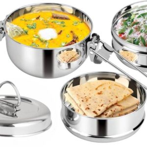 WG inc Stainless steel Lunch Box For Kids & Adults Traditional Indian Tiffin Bento Three Compartment Food Storage Container - Best for Work/School/Office/Camping- Dishwasher safe (3 Tier)