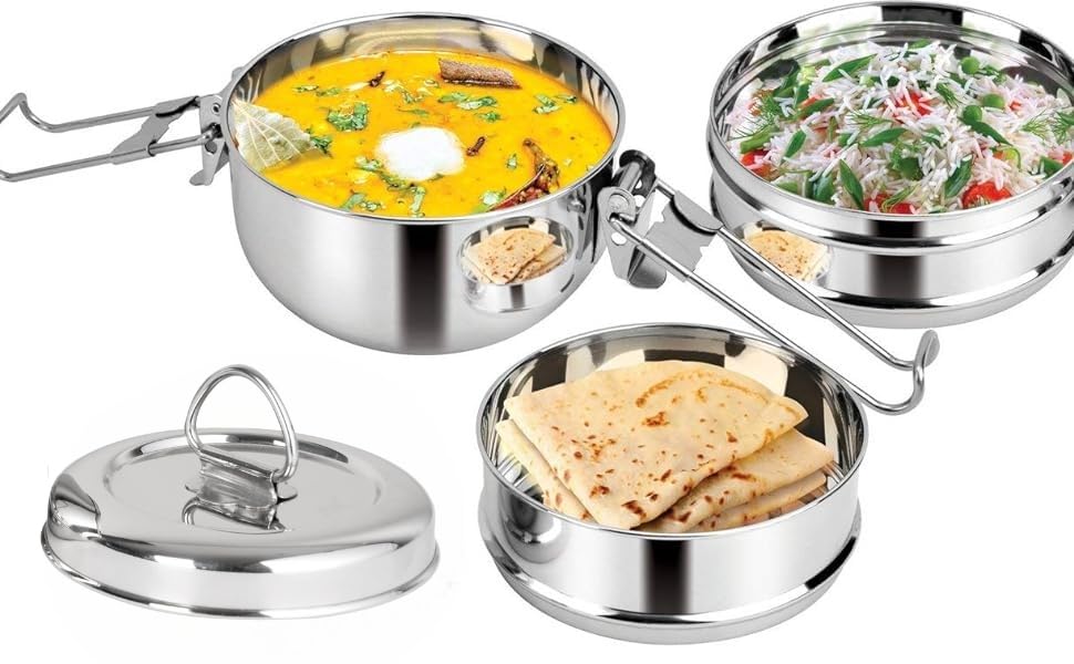 WG inc Stainless steel Lunch Box For Kids & Adults Traditional Indian Tiffin Bento Three Compartment Food Storage Container - Best for Work/School/Office/Camping- Dishwasher safe (3 Tier)