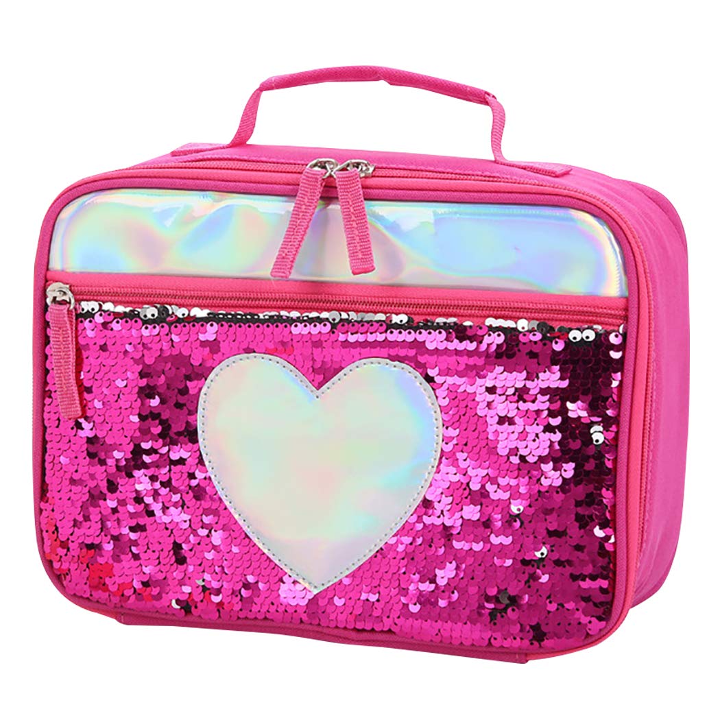 Handheld Lunch Box, Reusable Insulated Flip Sequins Lunch Tote Bag Handheld Box Roomy Carry Bag Lunchbox Gifts for Women Glittering Shining Office Travel Meal Tote Kit (Rose Red Heart)