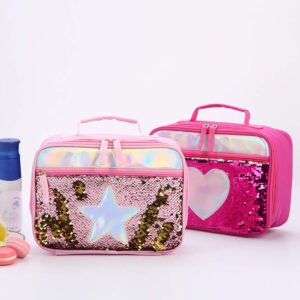 Handheld Lunch Box, Reusable Insulated Flip Sequins Lunch Tote Bag Handheld Box Roomy Carry Bag Lunchbox Gifts for Women Glittering Shining Office Travel Meal Tote Kit (Rose Red Heart)