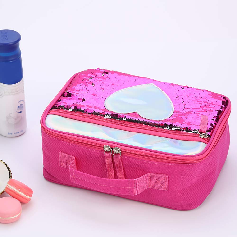 Handheld Lunch Box, Reusable Insulated Flip Sequins Lunch Tote Bag Handheld Box Roomy Carry Bag Lunchbox Gifts for Women Glittering Shining Office Travel Meal Tote Kit (Rose Red Heart)