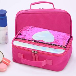 Handheld Lunch Box, Reusable Insulated Flip Sequins Lunch Tote Bag Handheld Box Roomy Carry Bag Lunchbox Gifts for Women Glittering Shining Office Travel Meal Tote Kit (Rose Red Heart)