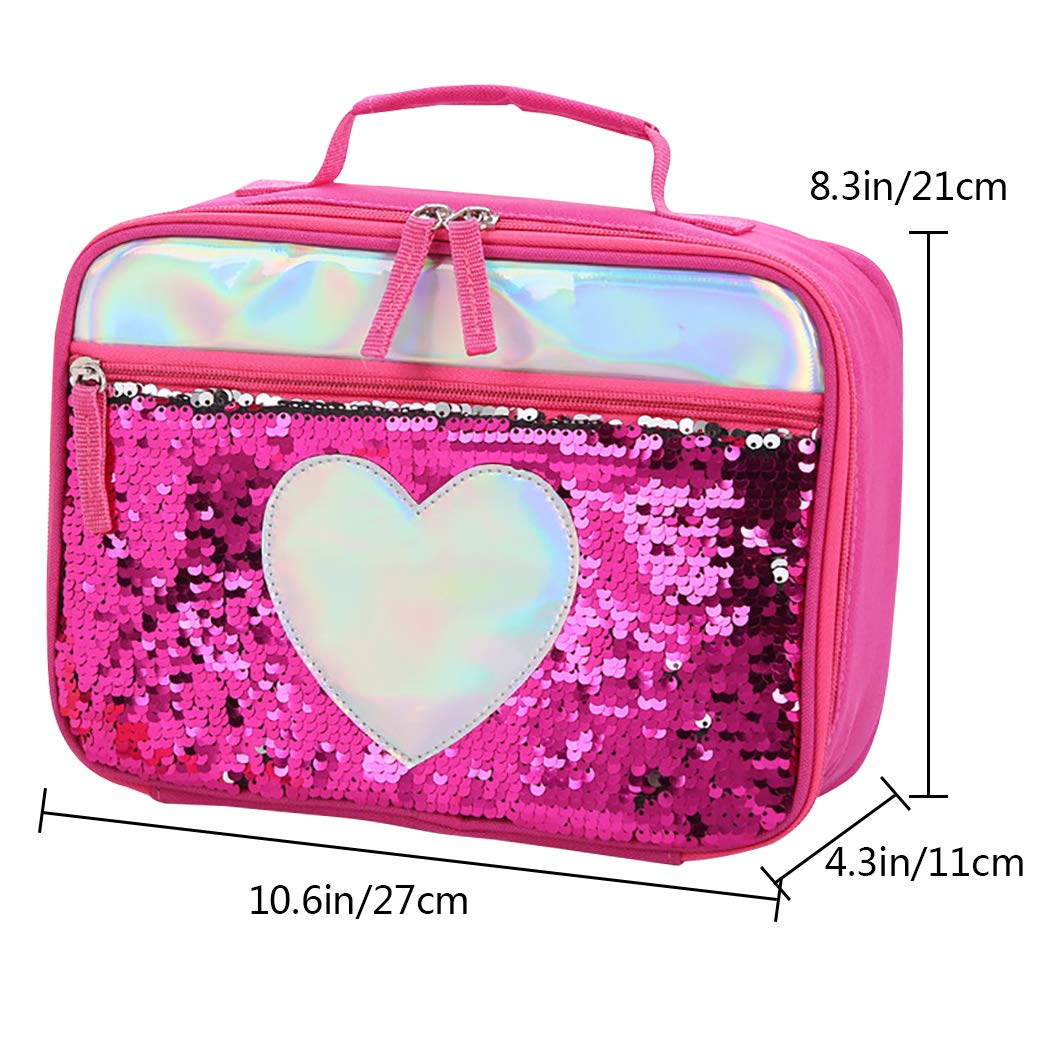 Handheld Lunch Box, Reusable Insulated Flip Sequins Lunch Tote Bag Handheld Box Roomy Carry Bag Lunchbox Gifts for Women Glittering Shining Office Travel Meal Tote Kit (Rose Red Heart)