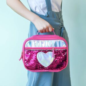 Handheld Lunch Box, Reusable Insulated Flip Sequins Lunch Tote Bag Handheld Box Roomy Carry Bag Lunchbox Gifts for Women Glittering Shining Office Travel Meal Tote Kit (Rose Red Heart)