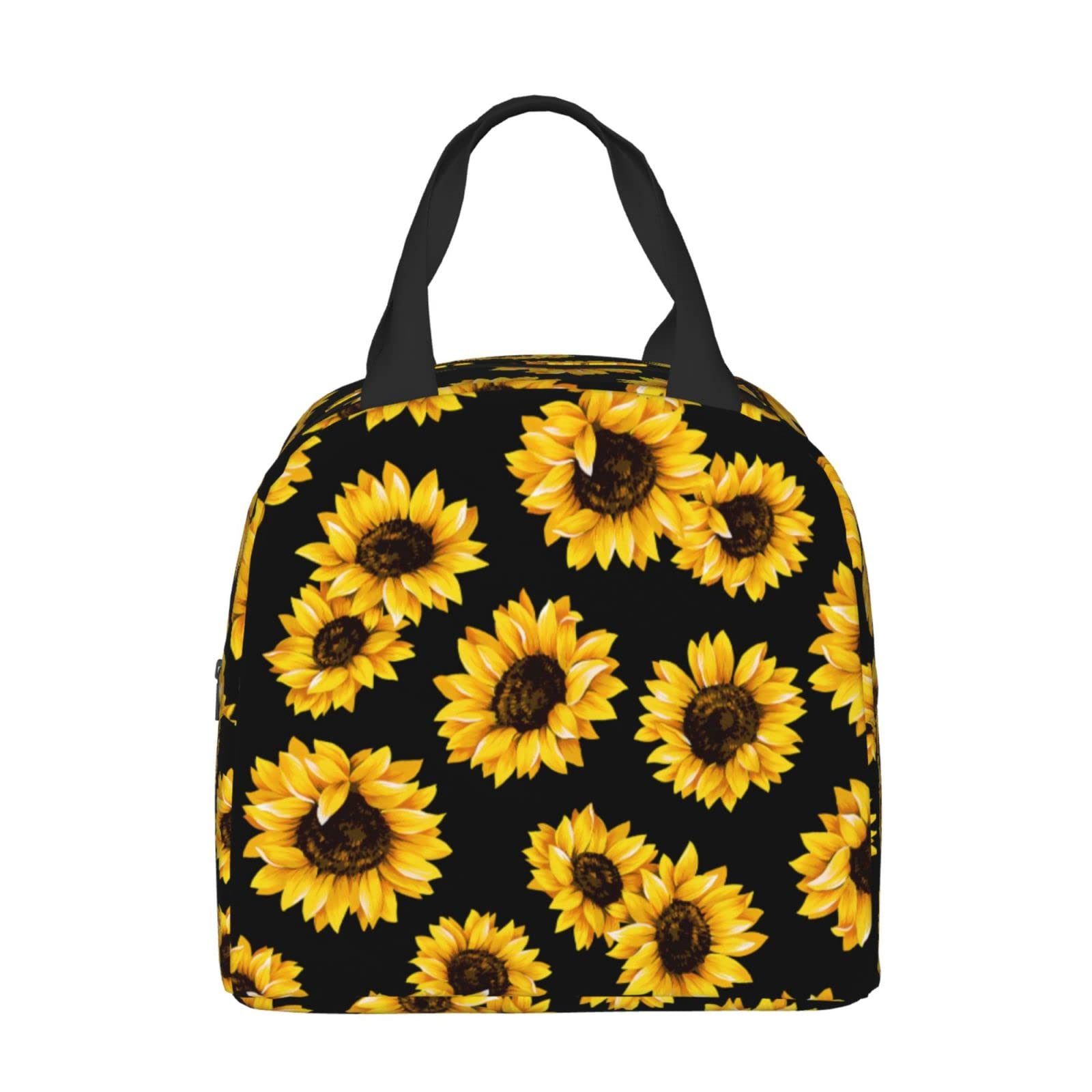 PrelerDIY Black Sunflower Lunch Box Insulated Meal Bag Lunch Bag Reusable Snack Bag Food Container For Boys Girls Men Women School Work Travel Picnic