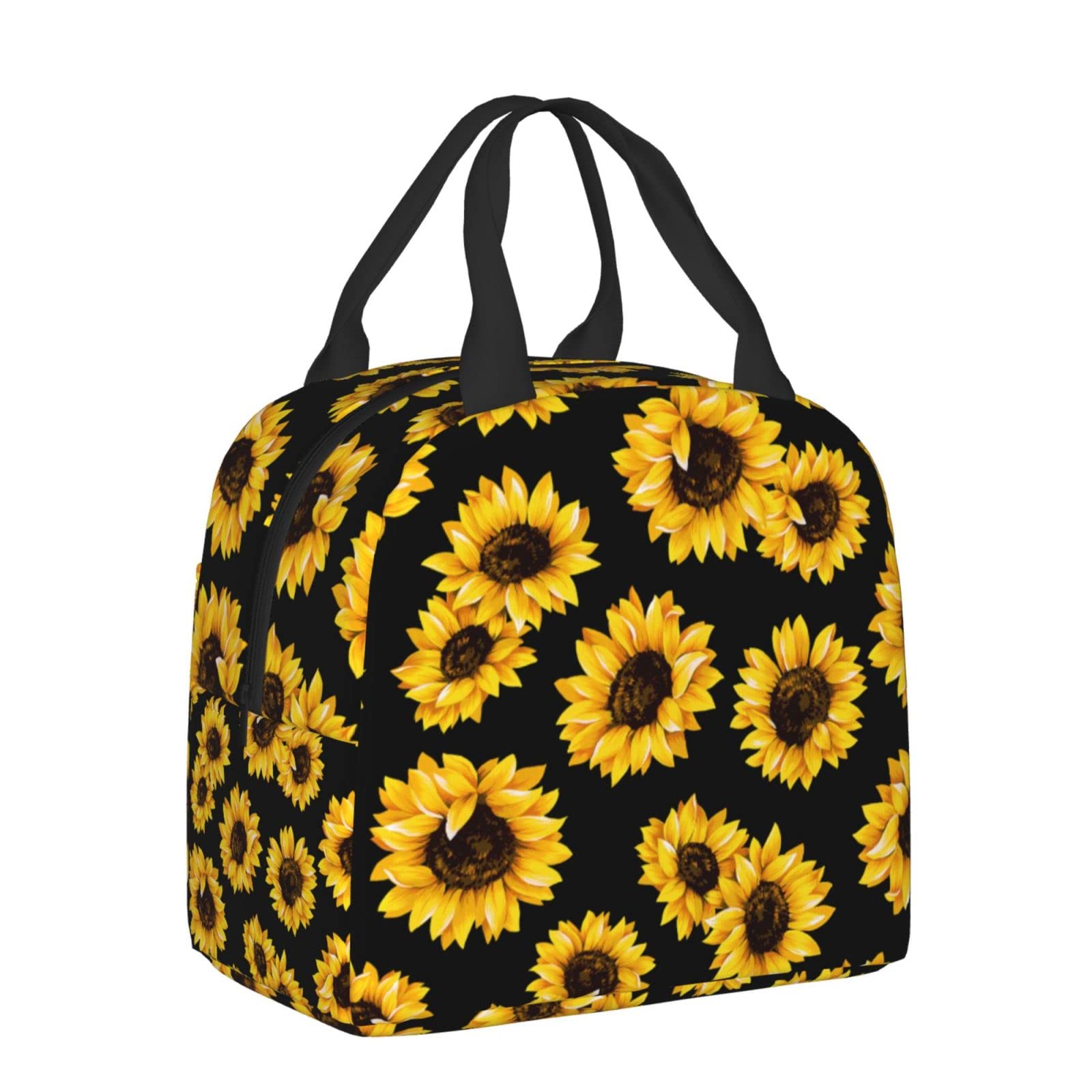 PrelerDIY Black Sunflower Lunch Box Insulated Meal Bag Lunch Bag Reusable Snack Bag Food Container For Boys Girls Men Women School Work Travel Picnic