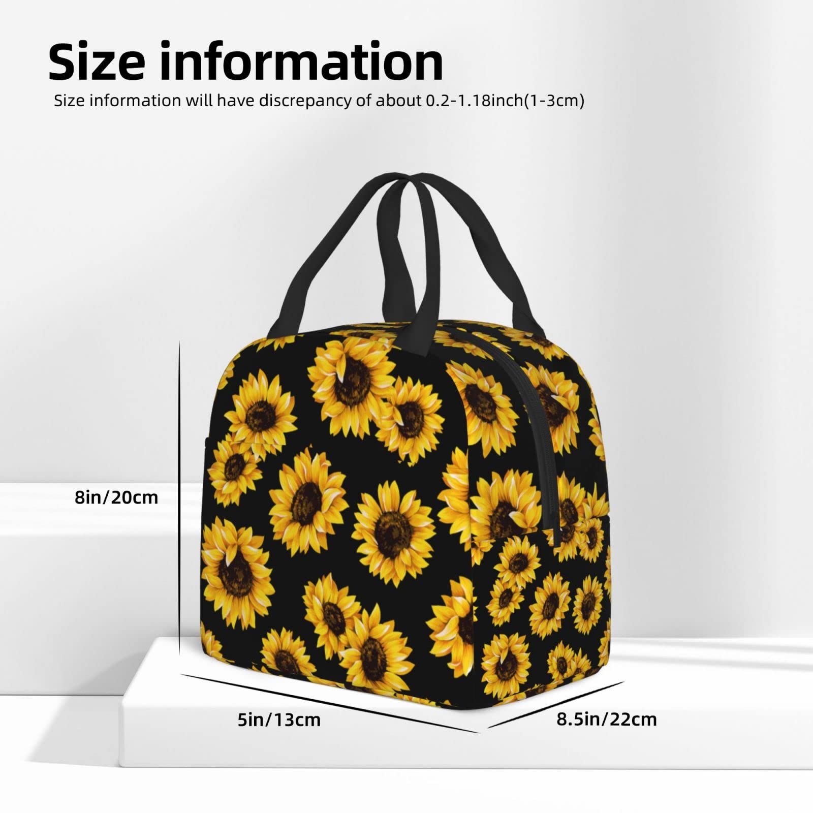 PrelerDIY Black Sunflower Lunch Box Insulated Meal Bag Lunch Bag Reusable Snack Bag Food Container For Boys Girls Men Women School Work Travel Picnic