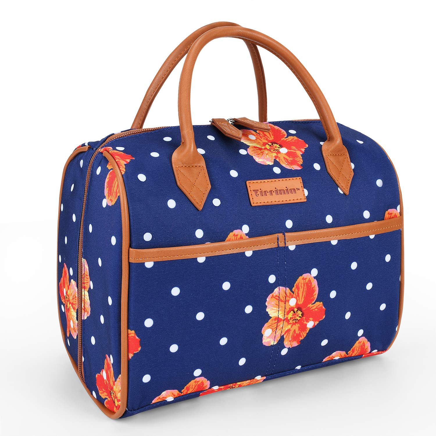 Tirrinia Insulated Lunch Tote Bag for Women w/Leather Handle, Fashionable Lunch Box for Men, Reusable Large Cooler Lunch Bag for Working/Picnic - Blue Floral