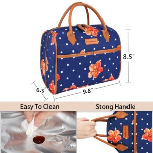 Tirrinia Insulated Lunch Tote Bag for Women w/Leather Handle, Fashionable Lunch Box for Men, Reusable Large Cooler Lunch Bag for Working/Picnic - Blue Floral