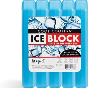 Fit & Fresh Cool Coolers, 5 Pack Days of the Week Ice Blocks, Compact & Reusable Ice Packs for Lunch Boxes & Coolers, Blue