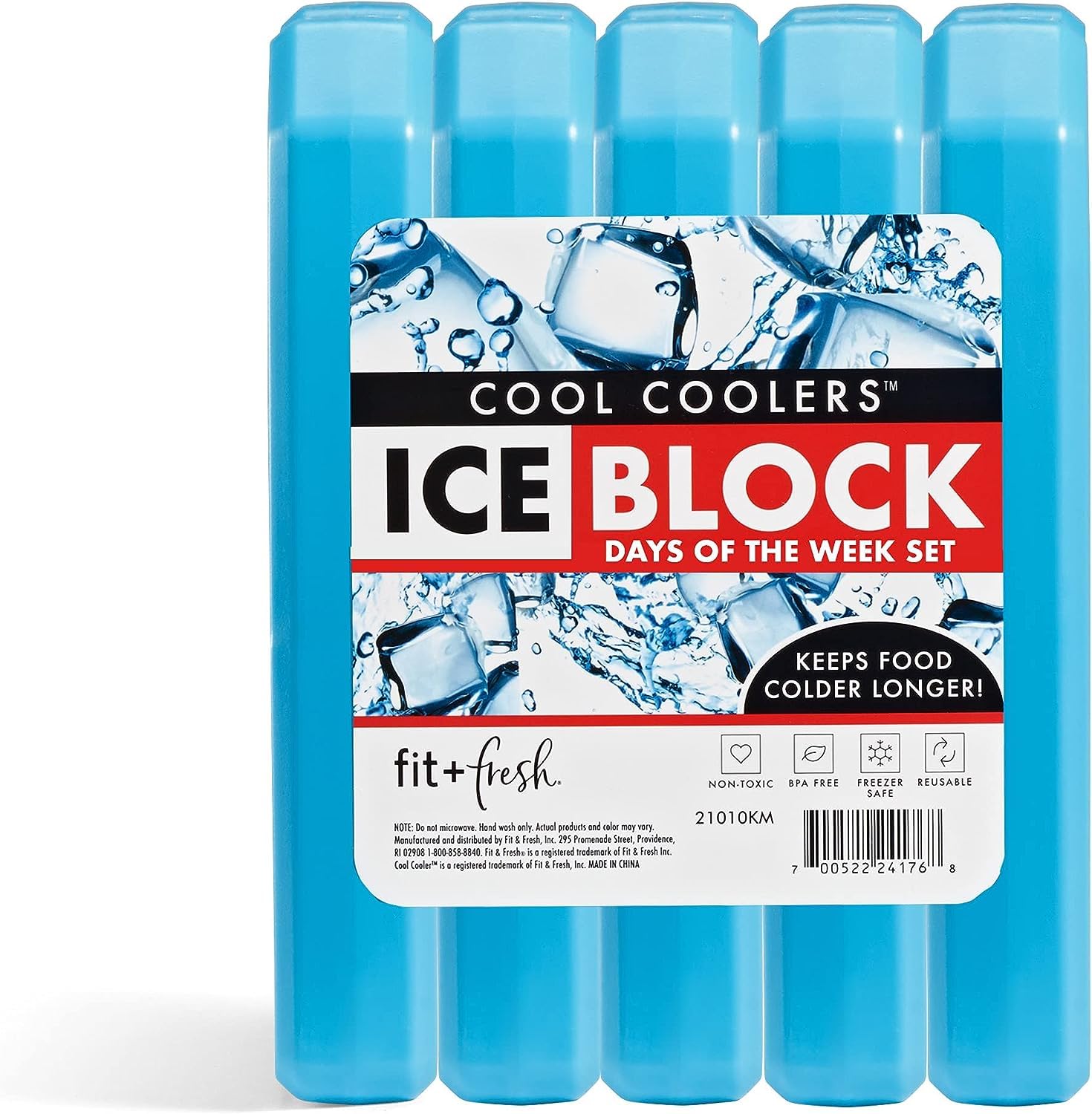 Fit & Fresh Cool Coolers, 5 Pack Days of the Week Ice Blocks, Compact & Reusable Ice Packs for Lunch Boxes & Coolers, Blue