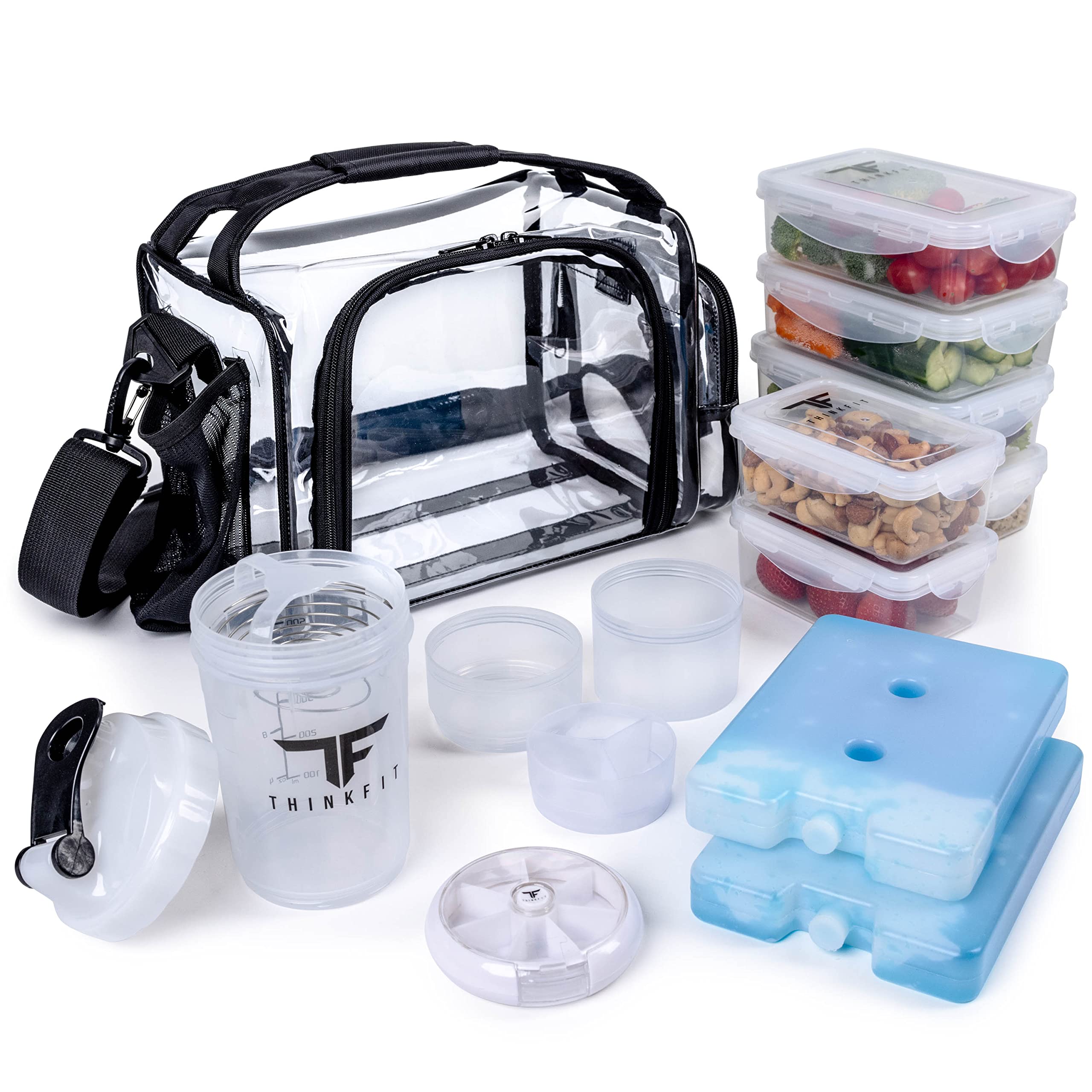 ThinkFit Clear Lunch Bag with 6 Meal Prep Containers - BPA-Free, Reusable, Microwave + Freezer Safe - With Shaker Cup and more! Clear Lunch Box - Clear Lunch Bags for Work - Transparent Lunch Bag