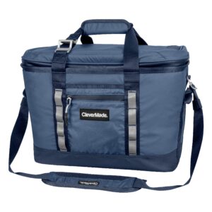 clevermade maverick collapsible cooler bag - 50 can insulated leakproof soft sided beverage-tote with shoulder strap, bottle opener and storage pockets, navy, large, one size