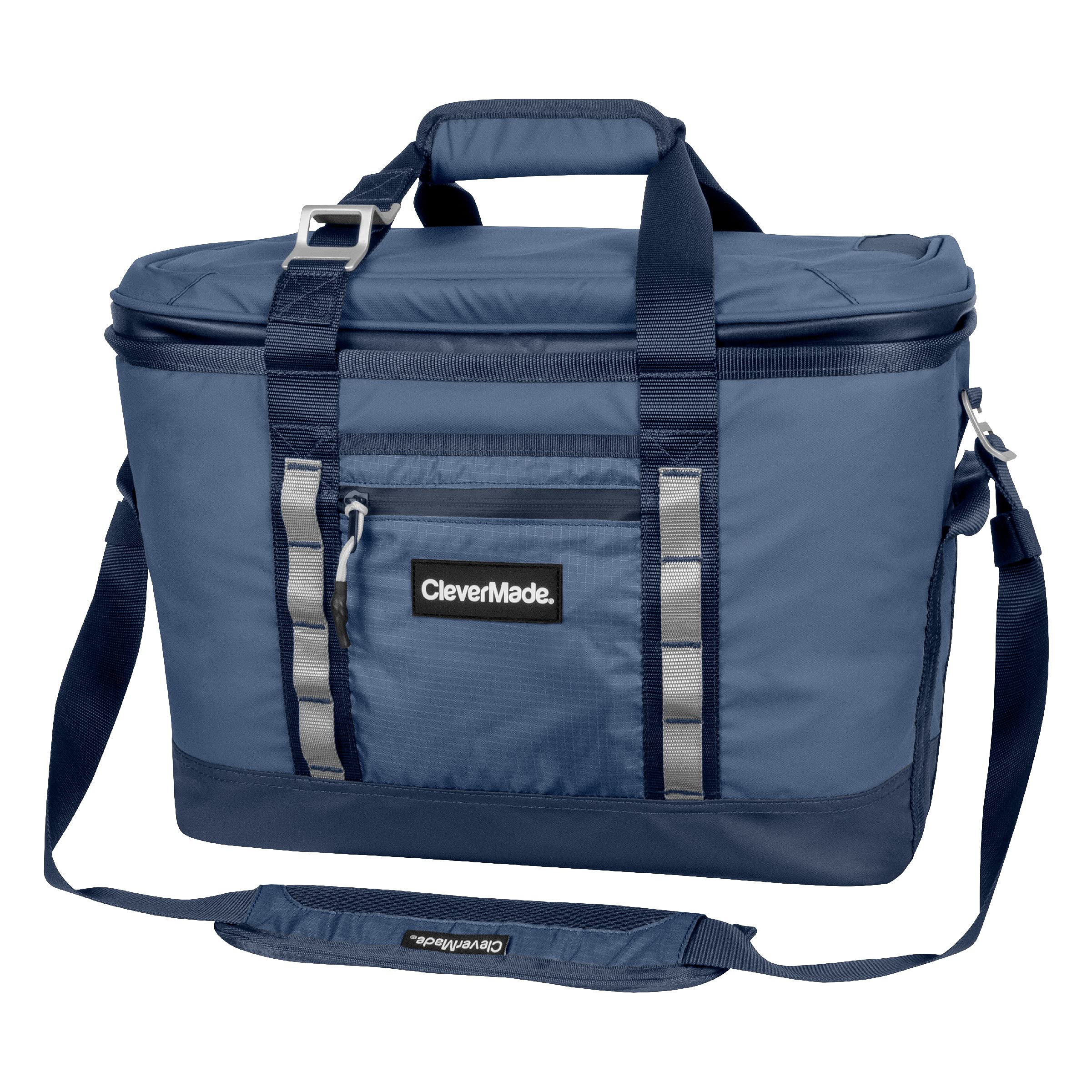 CleverMade Maverick Collapsible Cooler Bag - 50 Can Insulated Leakproof Soft Sided Beverage-Tote with Shoulder Strap, Bottle Opener and Storage Pockets, Navy, Large, One Size