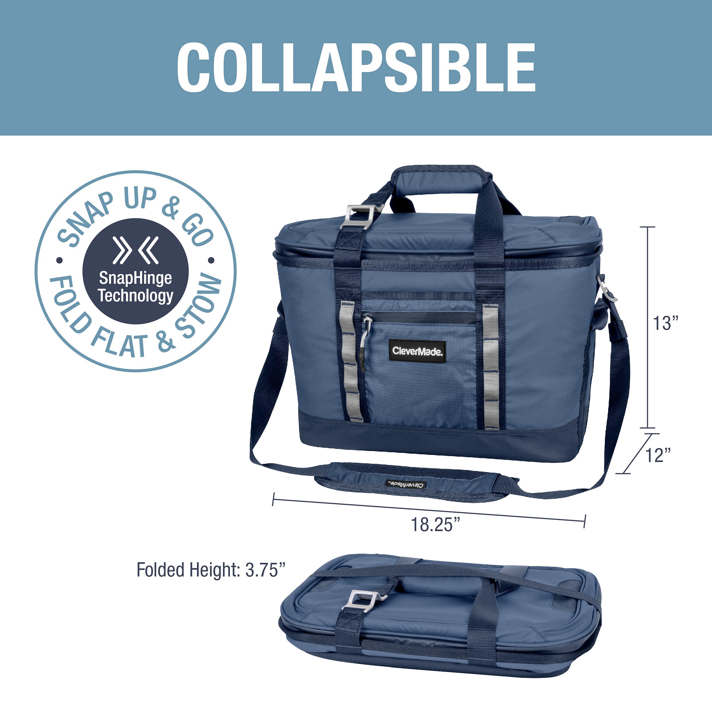 CleverMade Maverick Collapsible Cooler Bag - 50 Can Insulated Leakproof Soft Sided Beverage-Tote with Shoulder Strap, Bottle Opener and Storage Pockets, Navy, Large, One Size