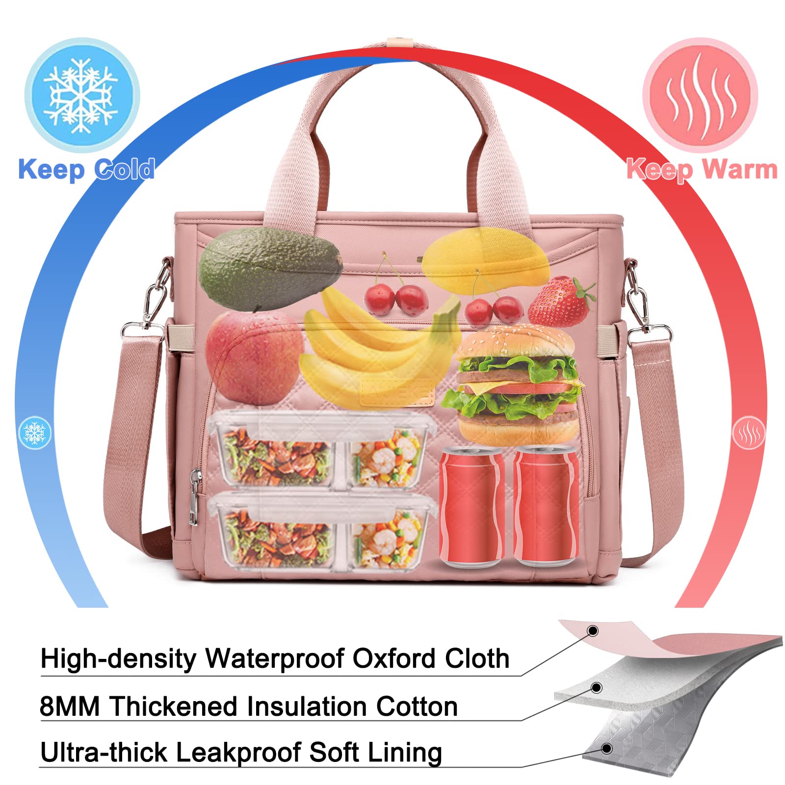 AIJIEKE Lunch Bag for Women, Insulated Lunch Box Tote Bag for Work, Extra Large Wide Open Leak Proof Cooler Bag with Shoulder Strap & Side Pockets for Picnic Hiking Beach, Pink