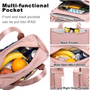 AIJIEKE Lunch Bag for Women, Insulated Lunch Box Tote Bag for Work, Extra Large Wide Open Leak Proof Cooler Bag with Shoulder Strap & Side Pockets for Picnic Hiking Beach, Pink