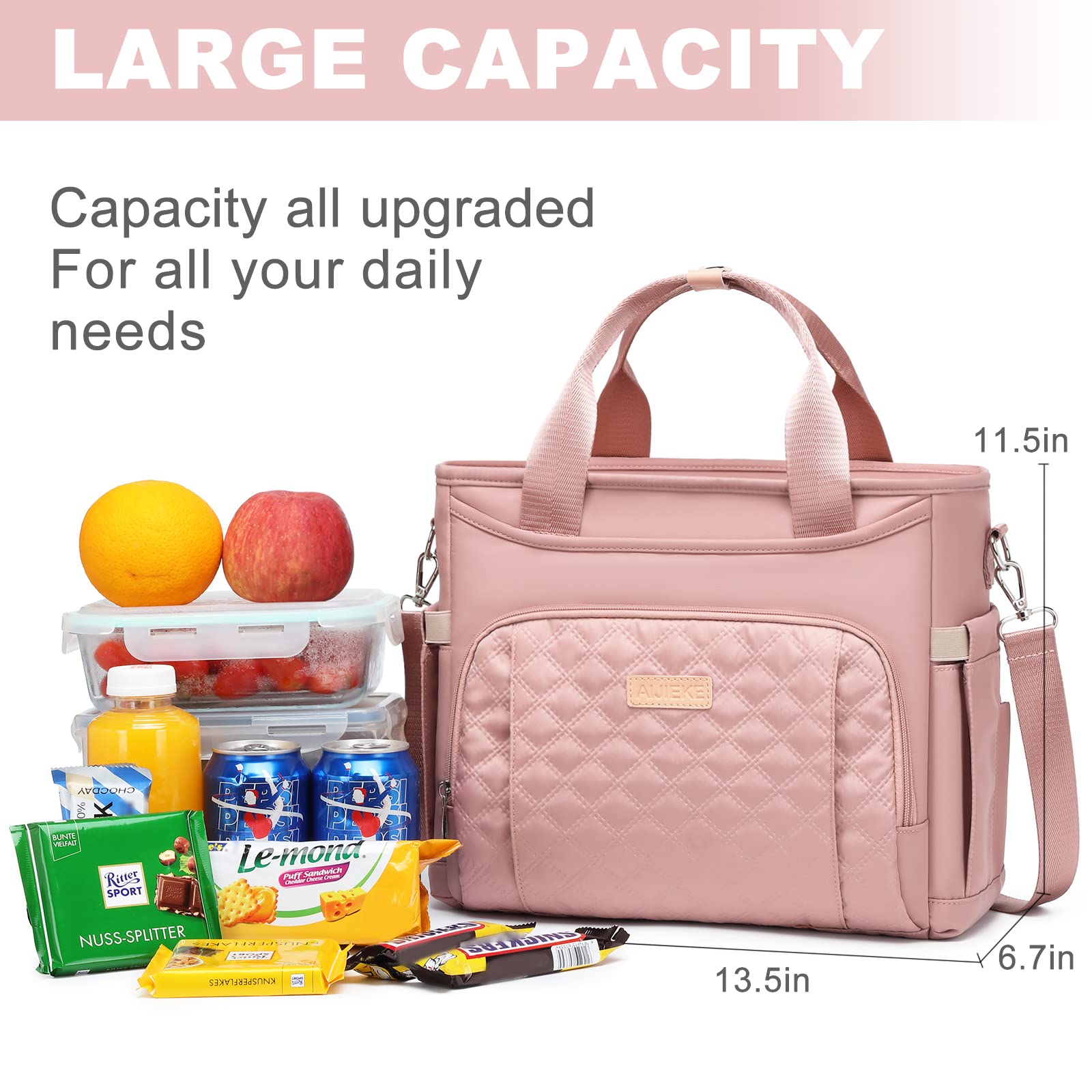 AIJIEKE Lunch Bag for Women, Insulated Lunch Box Tote Bag for Work, Extra Large Wide Open Leak Proof Cooler Bag with Shoulder Strap & Side Pockets for Picnic Hiking Beach, Pink