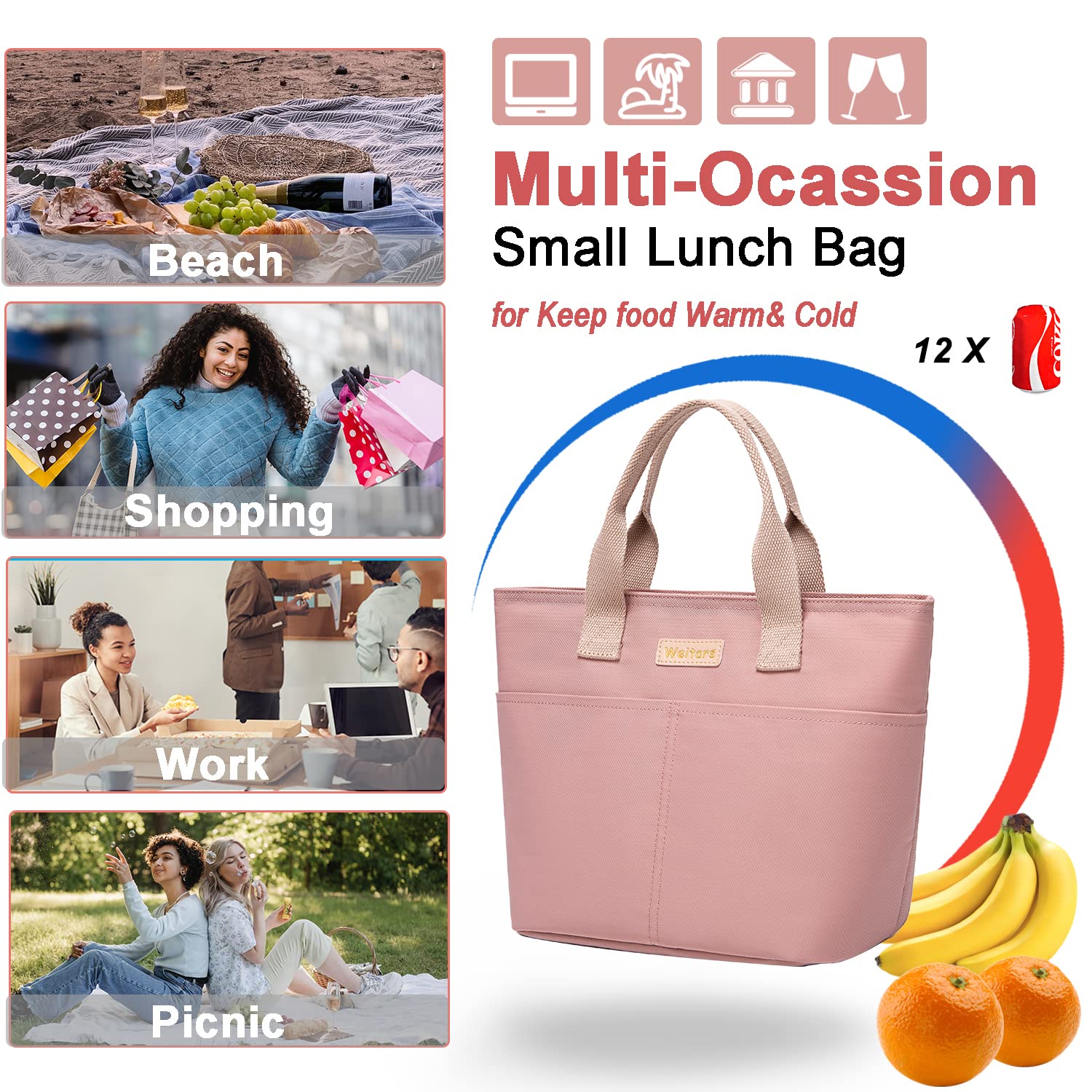 Weitars Lunch Bag For Women,Small Lunch Tote Bag Insulated Cute Lunch Bags For Women Snacks Leakproof Thermal Lunch Purse For Work Picnic/Hiking/Beach/Shopping (Pink)