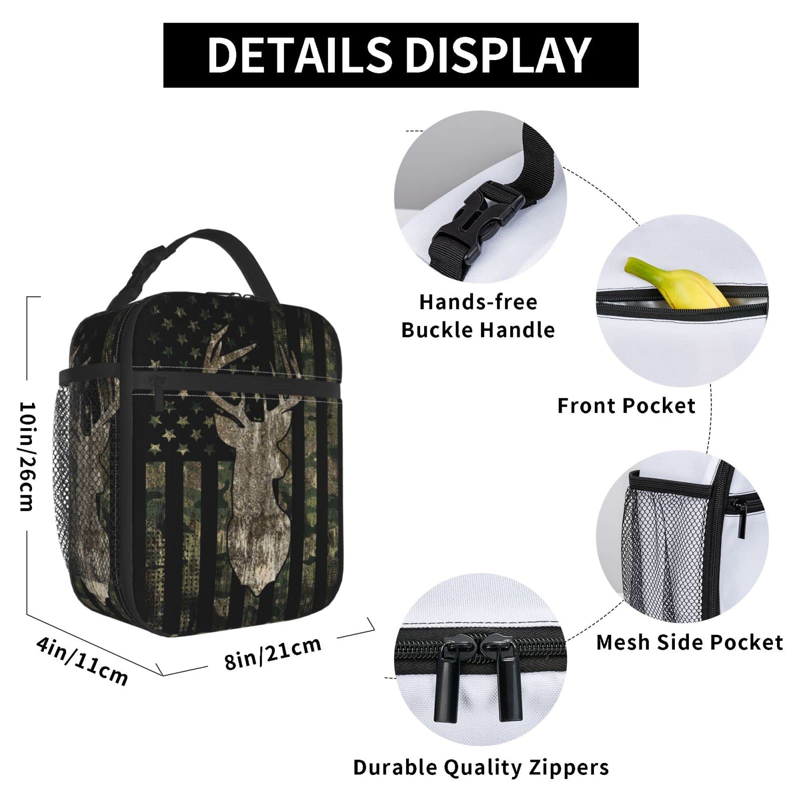 YETTA YANG Camouflage Hunting Tactical Deer Camo American Flag Portable Lunch Bag Insulated Lunch Box Reusable Totes For Women Men Work Picnic Camping