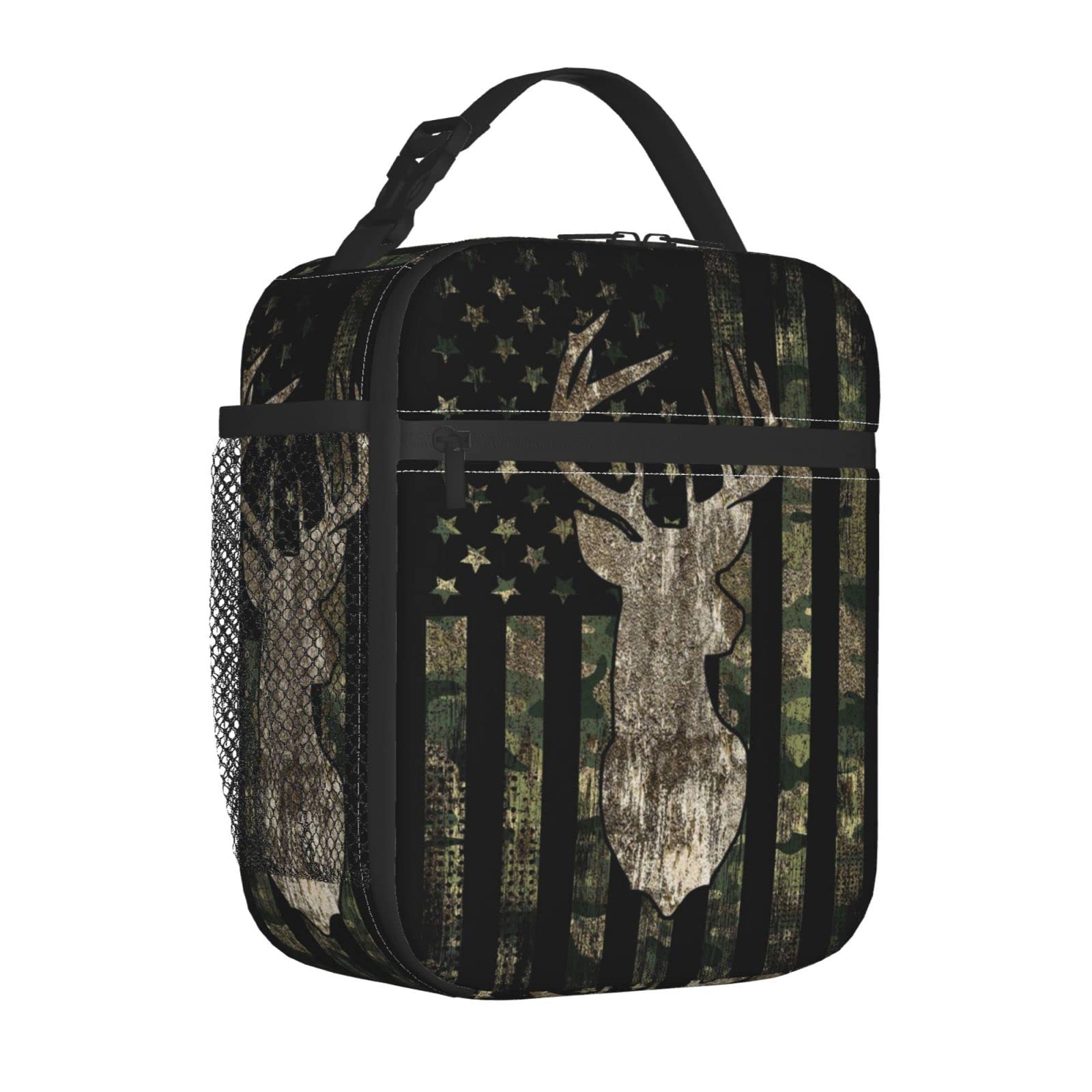 YETTA YANG Camouflage Hunting Tactical Deer Camo American Flag Portable Lunch Bag Insulated Lunch Box Reusable Totes For Women Men Work Picnic Camping