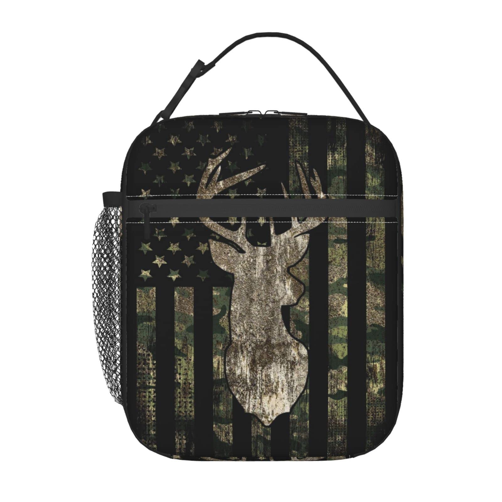 YETTA YANG Camouflage Hunting Tactical Deer Camo American Flag Portable Lunch Bag Insulated Lunch Box Reusable Totes For Women Men Work Picnic Camping