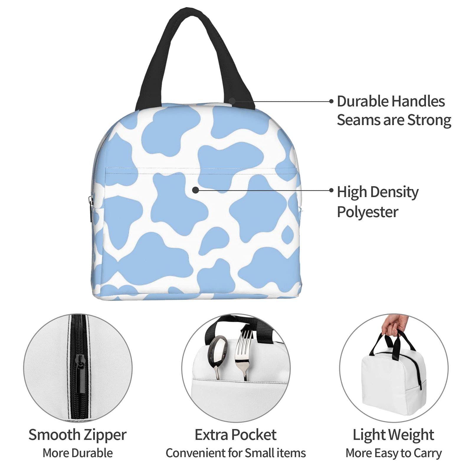 Ucsaxue Light Blue Cow Animal Lunch Bag Travel Box Work Bento Cooler Reusable Tote Picnic Boxes Insulated Container Shopping Bags For Adult Women Men