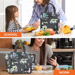 opux Lunch Bag for Women, Insulated Lunch Box Tote for Girls Work School Kids Office, Thermal Soft Small Lunch Cooler Bag for Picnic Travel with Pocket, Fits 12 Cans - Floral Gray