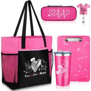 sabary 5 pcs nurse gift peace love nursing graduation gift set include nurse bag, stethoscope storage case, tumbler, nurse badge reel, nursing clipboard for nurse work accessories (pink,classic)