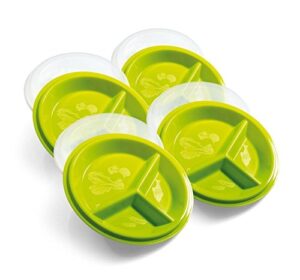 precise portions portion control plate - pack of four (4) 9 inch 3-section bpa-free nutrition guidance plates - with 4 snap-tight vented lids- for weight loss store