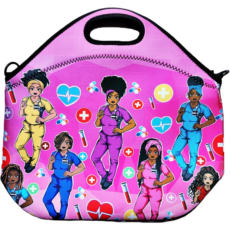 Reflections By Zana Large Pink Afro African American Women Neoprene Lunch Tote with Adjustable Shoulder Strap