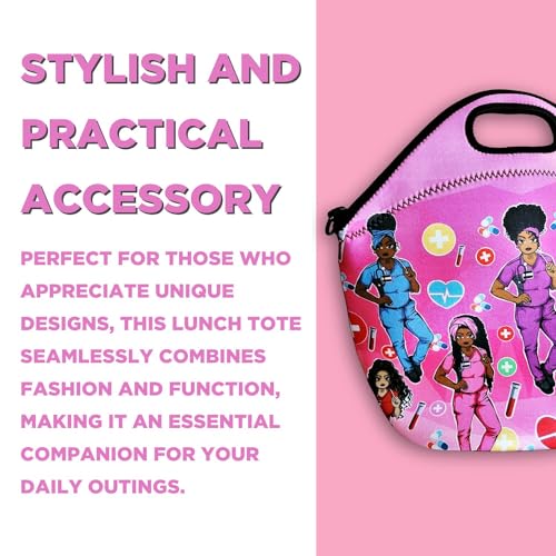 Reflections By Zana Large Pink Afro African American Women Neoprene Lunch Tote with Adjustable Shoulder Strap