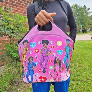 Reflections By Zana Large Pink Afro African American Women Neoprene Lunch Tote with Adjustable Shoulder Strap