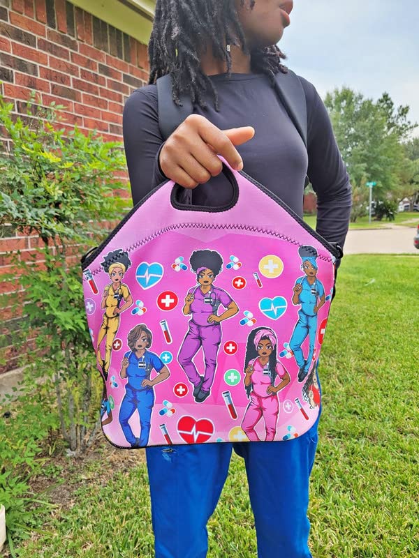 Reflections By Zana Large Pink Afro African American Women Neoprene Lunch Tote with Adjustable Shoulder Strap