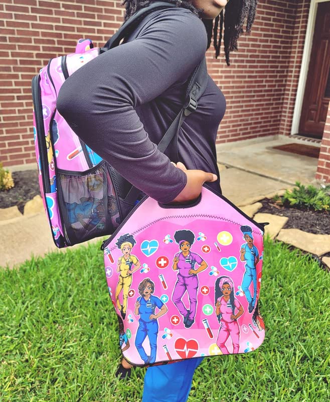 Reflections By Zana Large Pink Afro African American Women Neoprene Lunch Tote with Adjustable Shoulder Strap