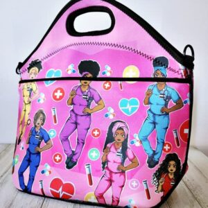 Reflections By Zana Large Pink Afro African American Women Neoprene Lunch Tote with Adjustable Shoulder Strap