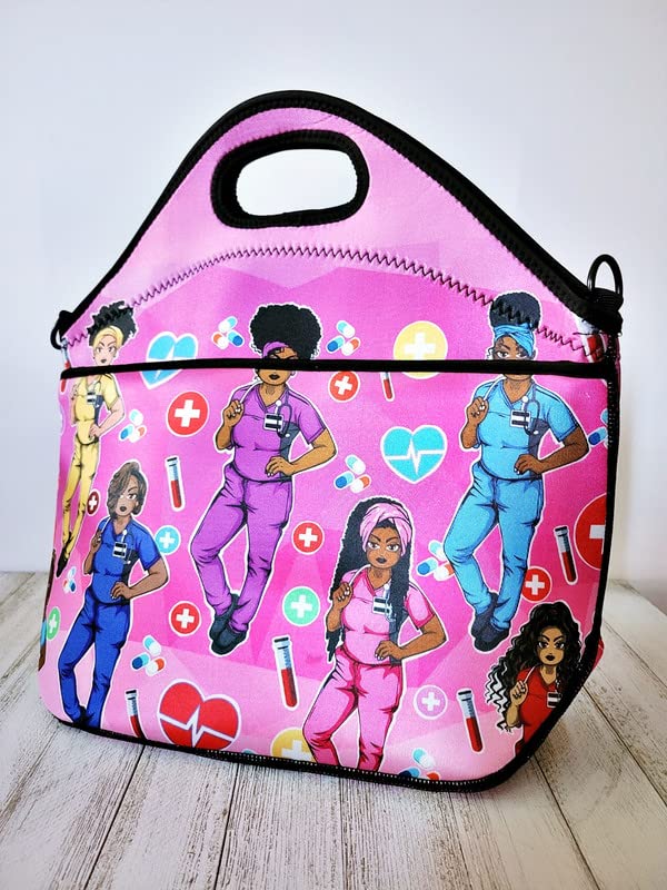 Reflections By Zana Large Pink Afro African American Women Neoprene Lunch Tote with Adjustable Shoulder Strap