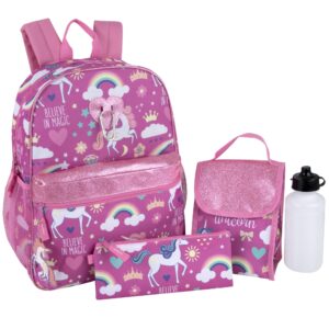 Trail maker Girls 6 in 1 Backpack and Lunch Box Set for School with Pencil Case, Water Bottle, Fidget Keychain Attached for Kids (Magic & Unicorns)