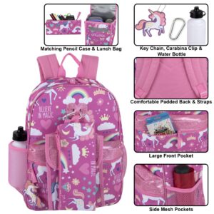 Trail maker Girls 6 in 1 Backpack and Lunch Box Set for School with Pencil Case, Water Bottle, Fidget Keychain Attached for Kids (Magic & Unicorns)