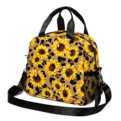 Rcekvoh Sunflower Leopard Cow Print Insulated Lunch Bag Women Girls Waterproof Lunch Box Freezable Lunch Tote Bag for Work Picnic with Adjustable Shoulder Strap Mesh Pocket